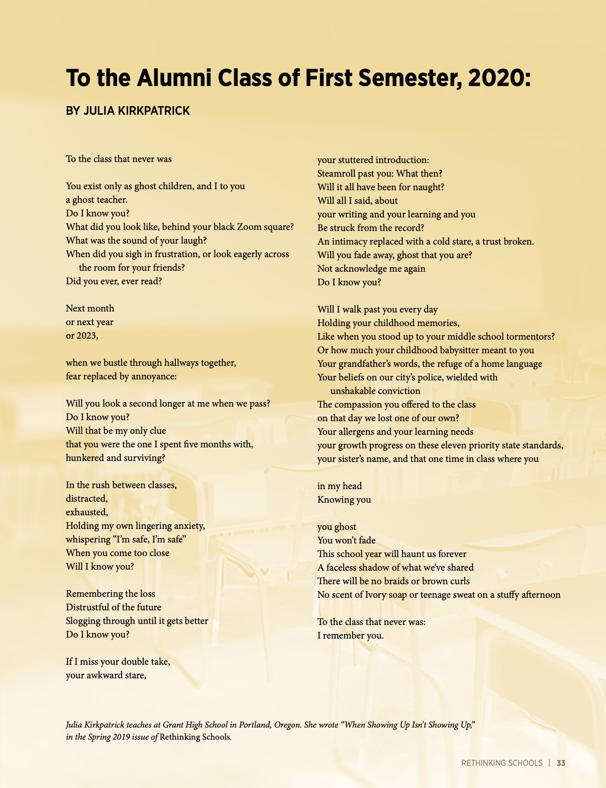 To the Alumni Class of First Semester, 2020: - Rethinking Schools